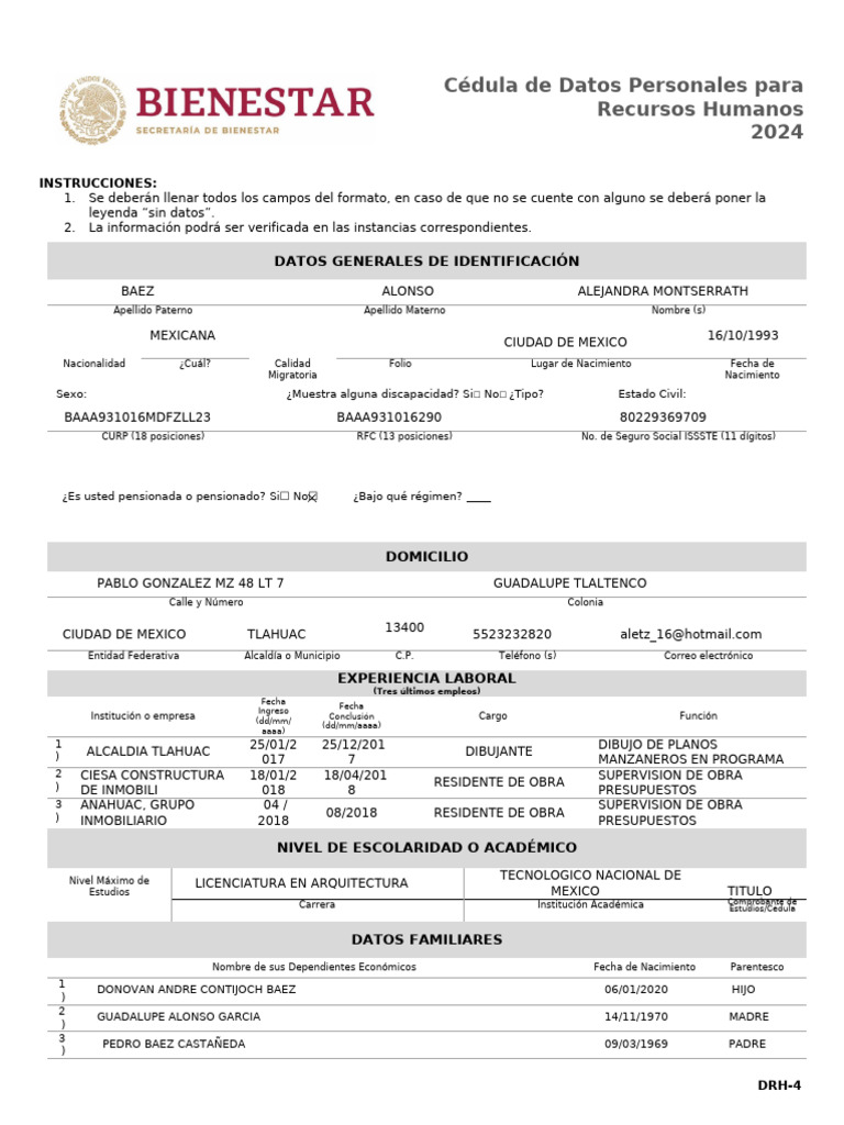 Cedula Recursos Humanos Formato Llenado | PDF