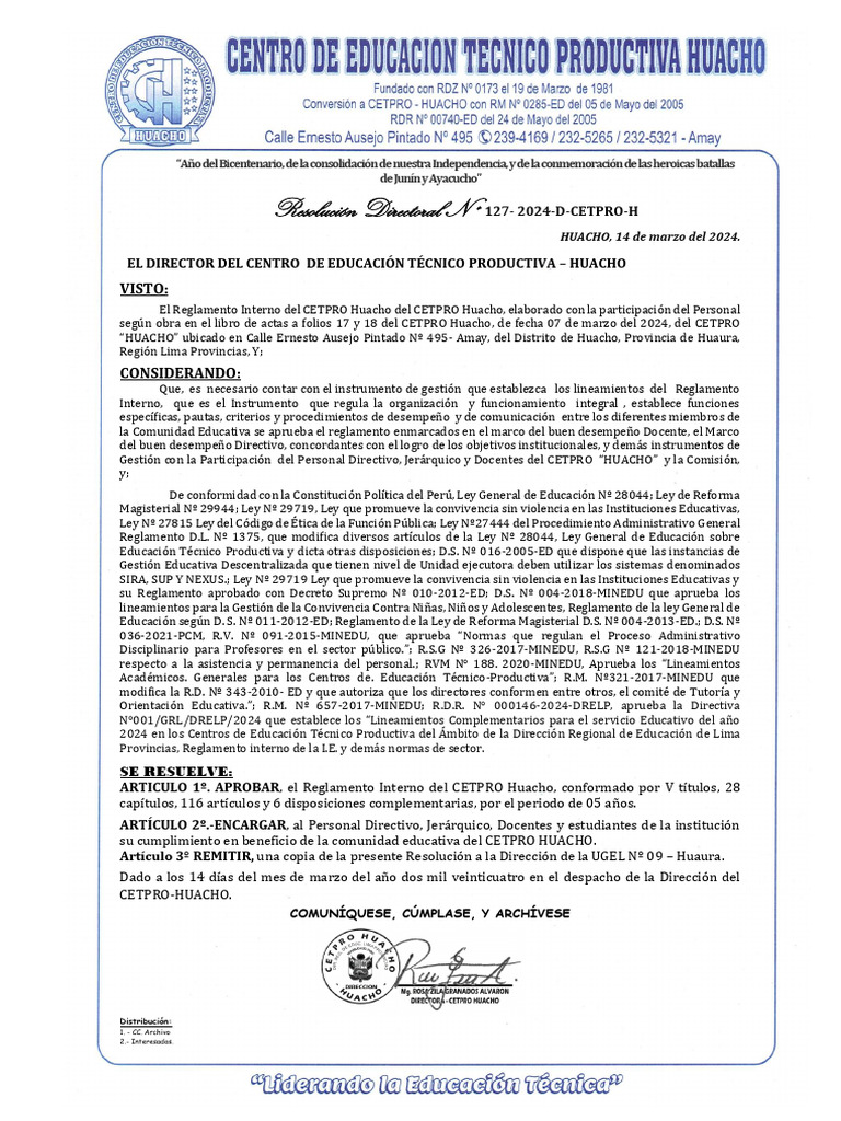Reglamento Interno Cetpro Huacho 2024 | PDF