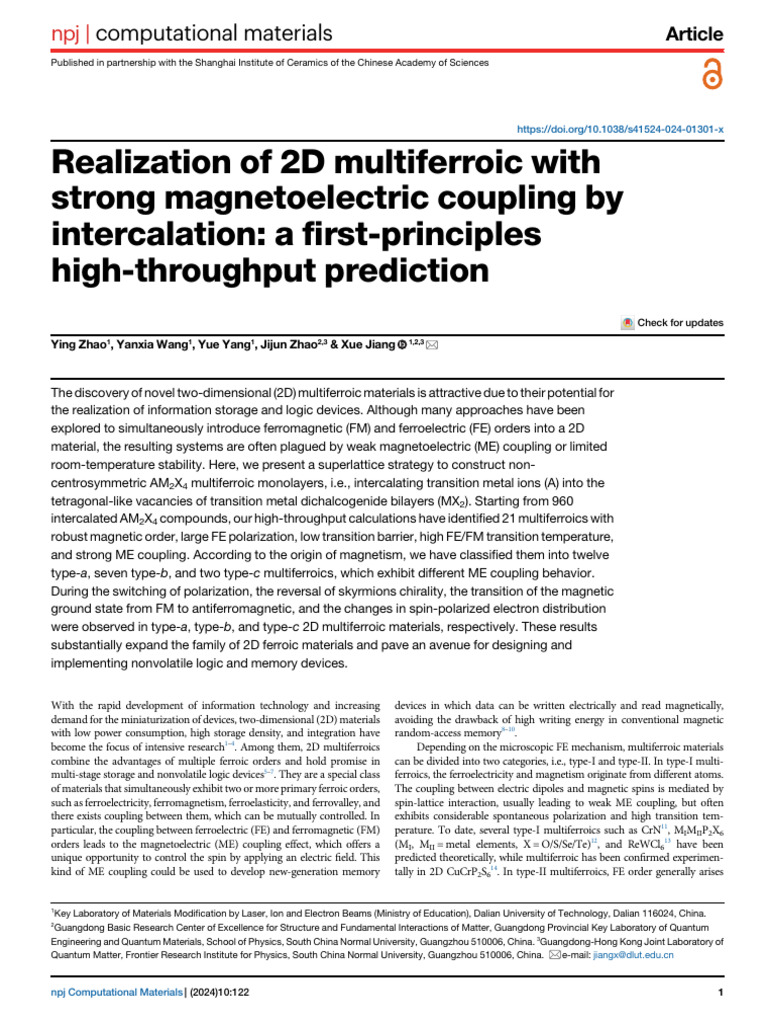 Realization of 2D Multiferroic With Strong Magnetoelectric Coupling by Intercalation: A Rst ...