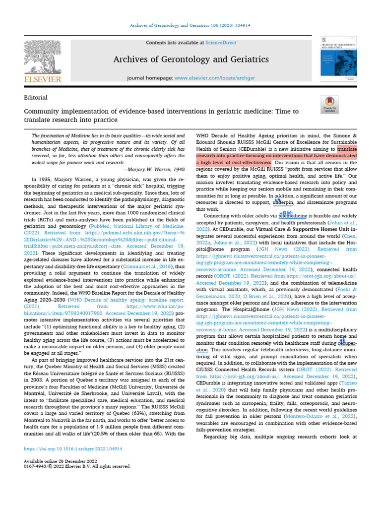 Community Implementation of Evidence-based Interventions in Geriatric Medicine-- Time to ...