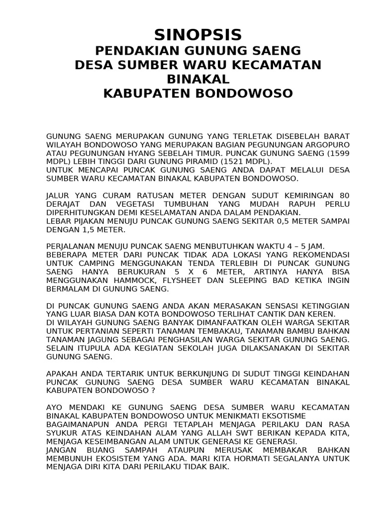 Sinopsis Gunung Saeng Kec. Binakal Untuk Pawai Budaya Harjabo Ke 205 Th. 2024 | PDF