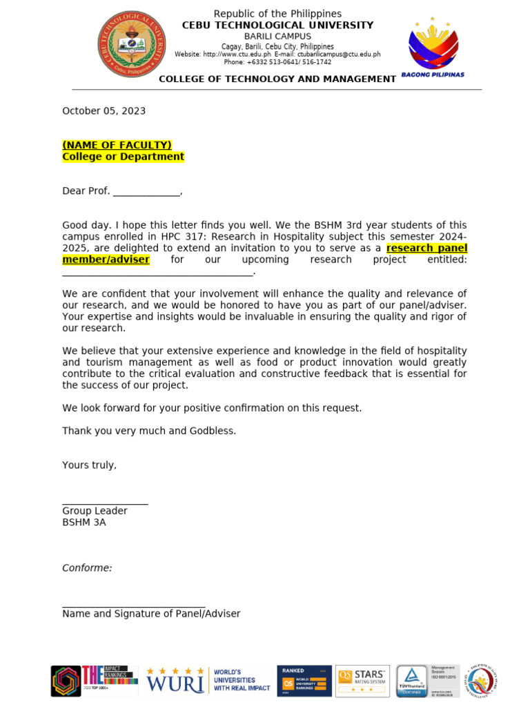 Invitation Letter As Research Panel or Adviser | PDF