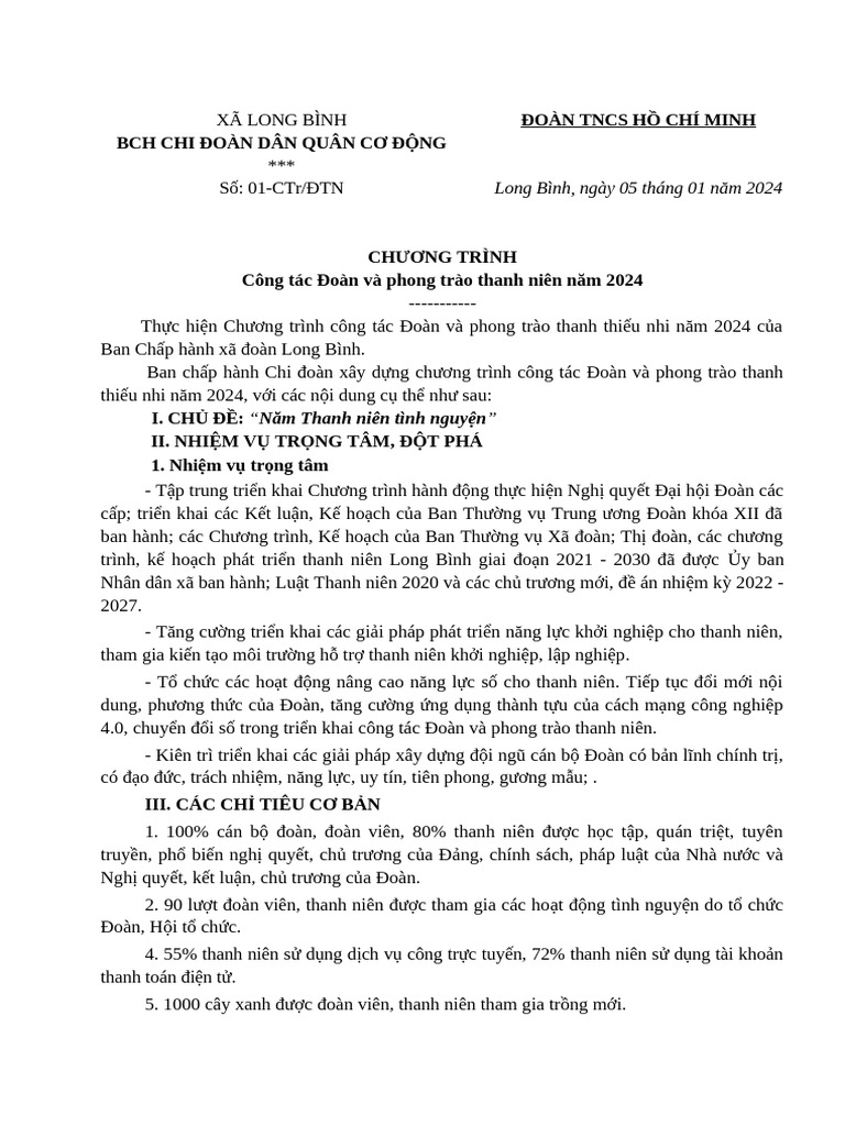 Chuong Trinh Cong Tac Doan Nam 2024 | PDF
