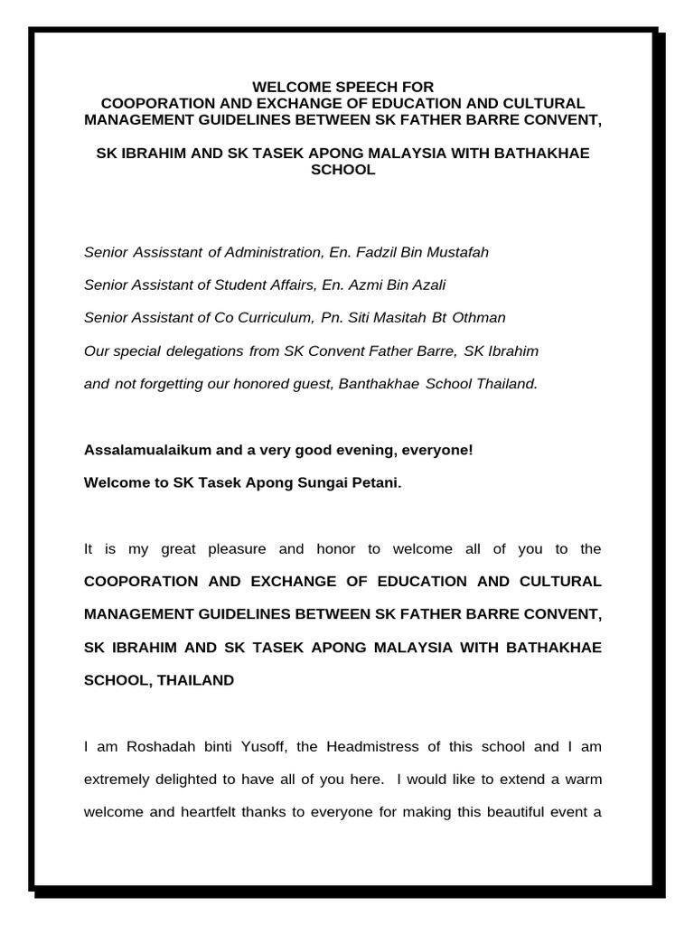 Welcome Address Speech For Cultural Event | PDF