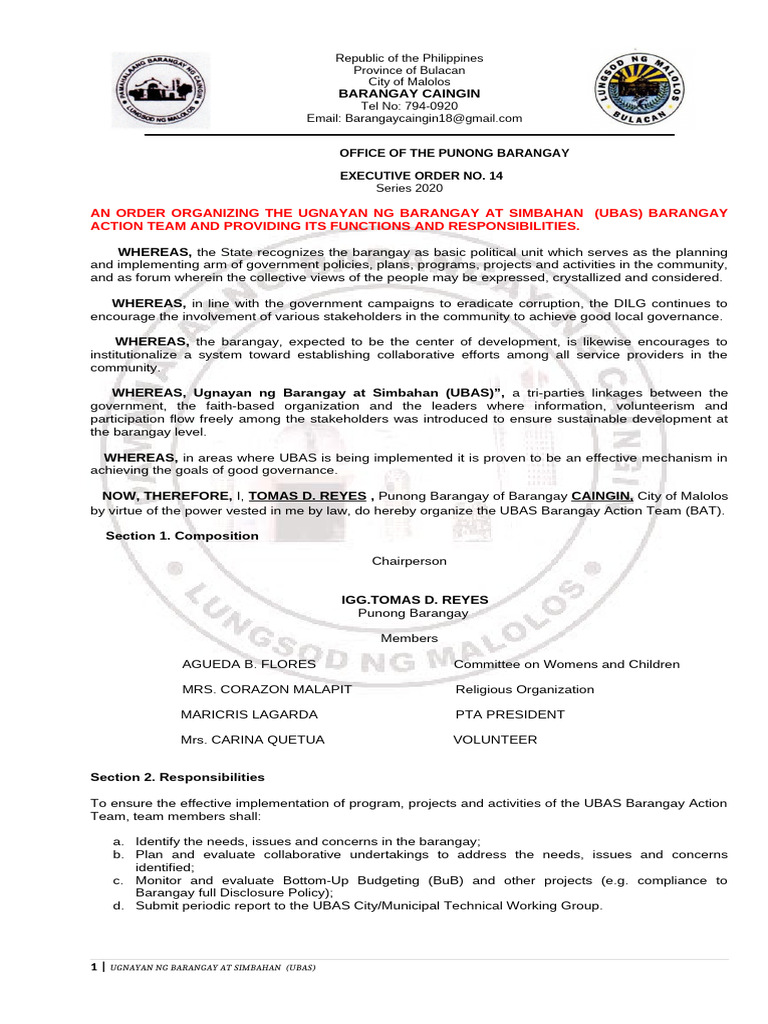 E.O TR - 014 (Ubas) Ugnayan NG Barangay at Simbahan | PDF