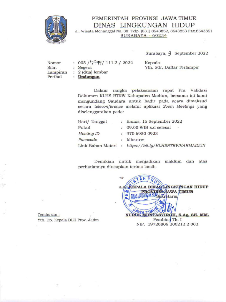Undangan Pra Validasi KLHS RTRW Kab Madiun - SKPD Jatim | PDF