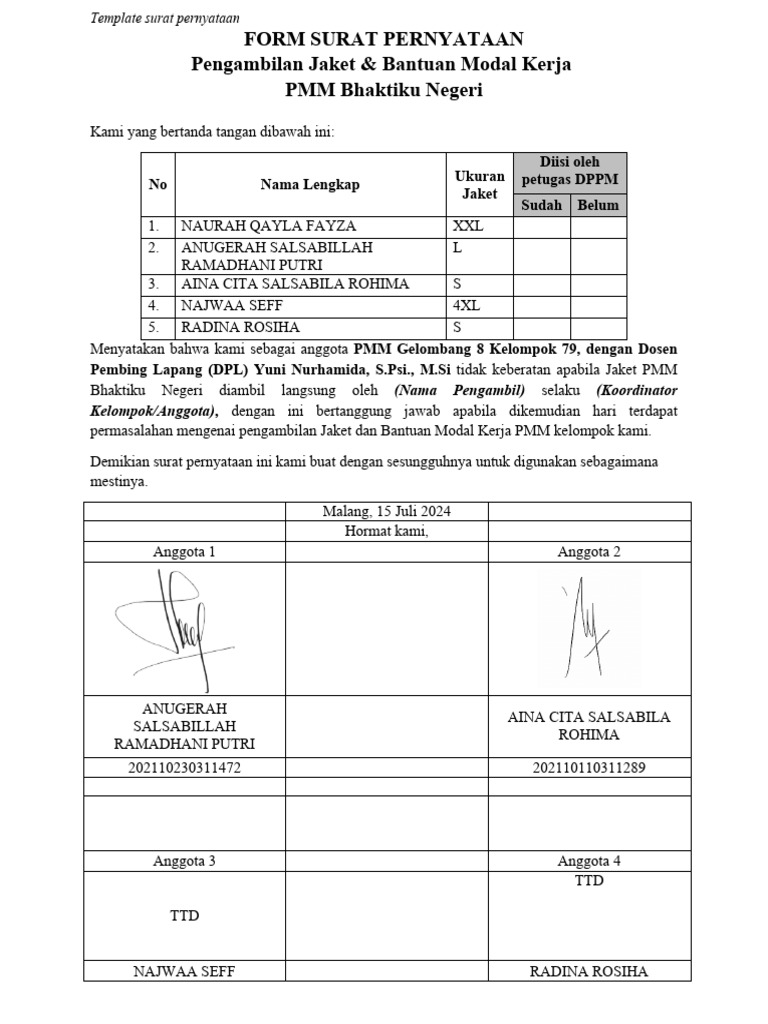 Surat Pernyataan Pengambilan Jaket Dan Bantuan Modal Kerja PMM%2 | PDF