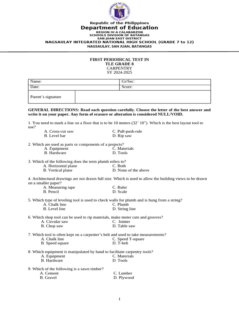 Periodical Test Q1 G-8 Carpentry 2024-2025 New Template | PDF | Drawing ...