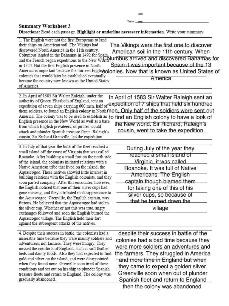 Summary Worksheet 3 | PDF