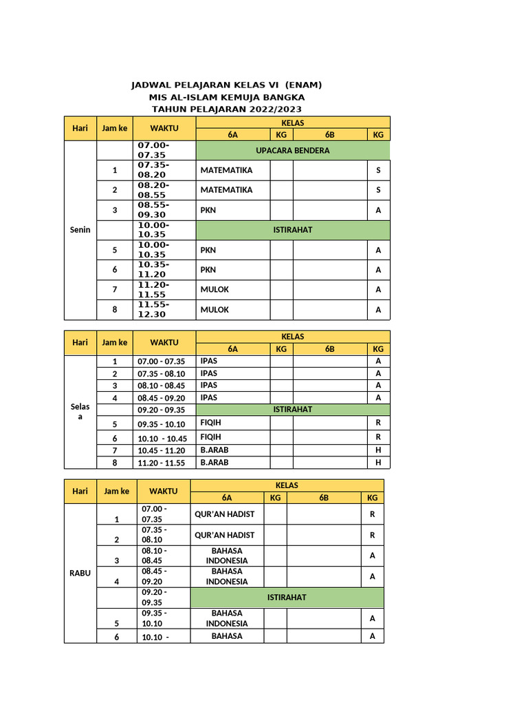 JADWAL PELAJARAN MI AL-ISLAM kelas 6 | PDF