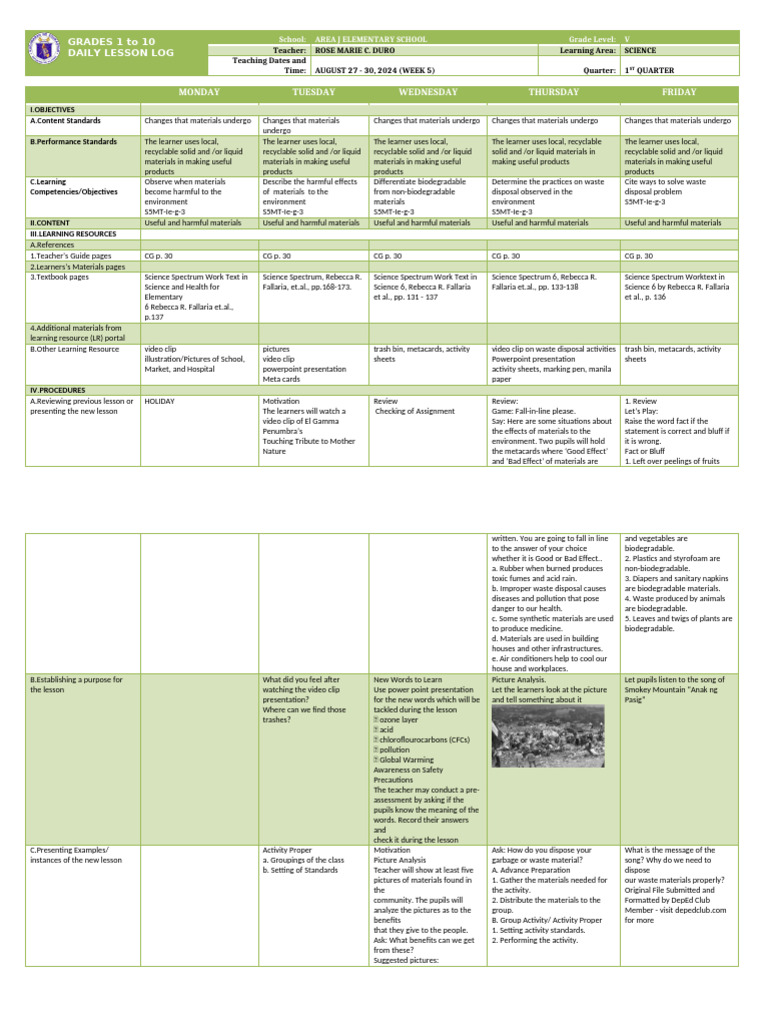 DLL - Science 5 - Q1 - W5 RCD 24 25 | PDF