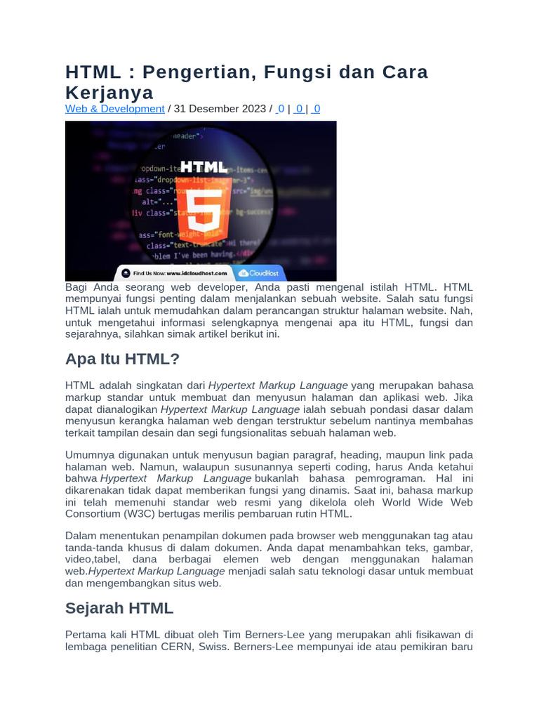 HTML Pengertian, Fungsi Dan Cara Kerjanya | PDF