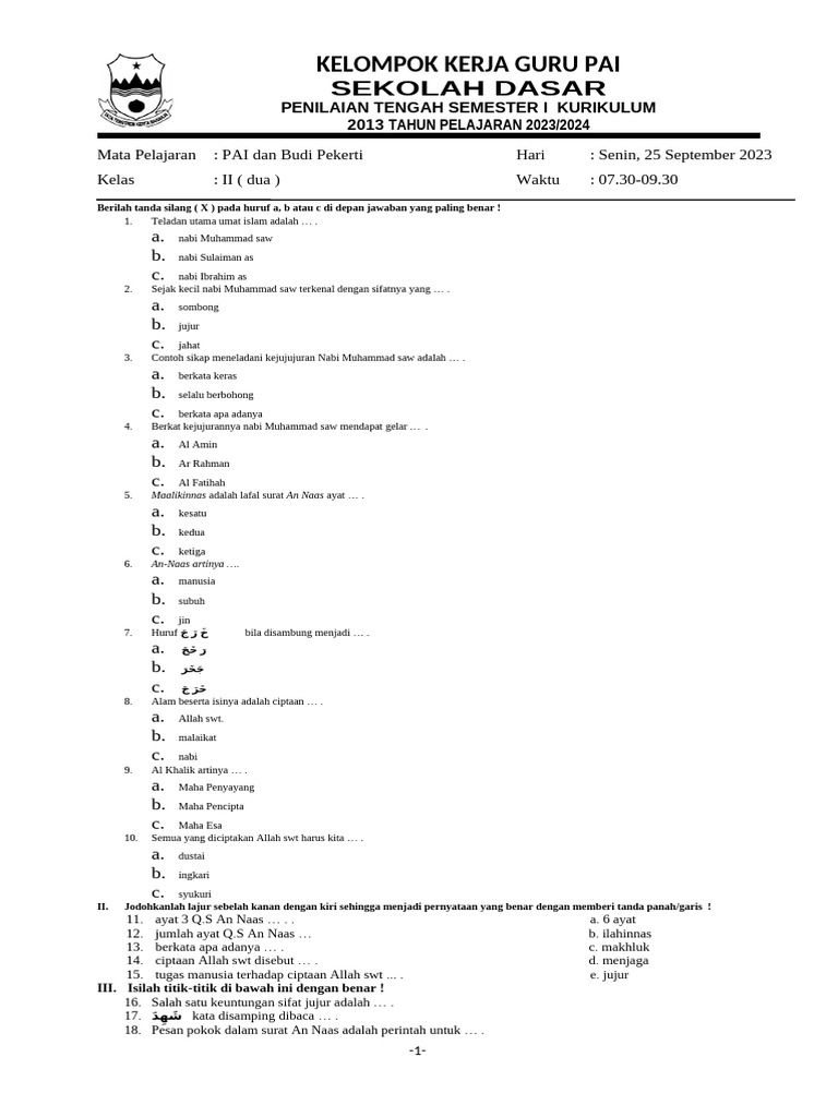 Soal PTS 1 PAIBP Kelas 2 K13 | PDF