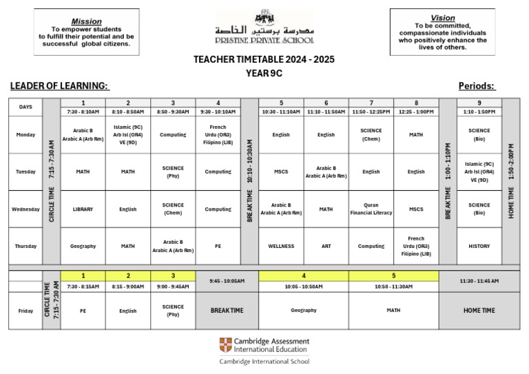 Teacher Timetable 2024 - 2025 Year 9C | PDF
