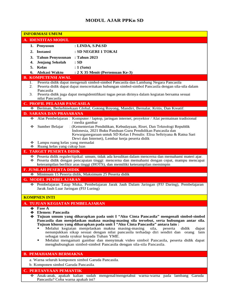MODUL AJAR PPKn SD 1 | PDF