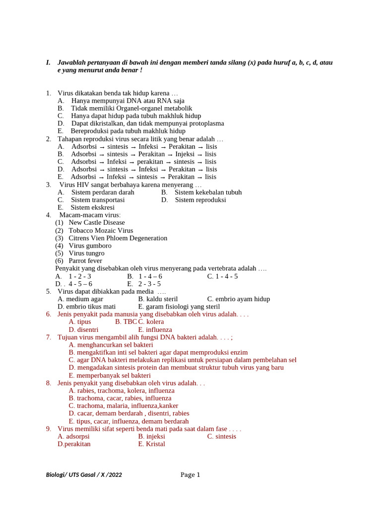 Soal Uts Bioi KLS X SMT 1 2022 | PDF