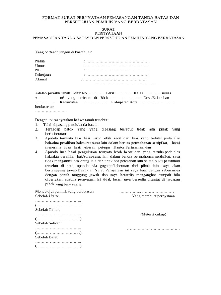 Format Surat Pernyataan Pemasangan Tanda Batas Dan Persetujuan Pemilik ...