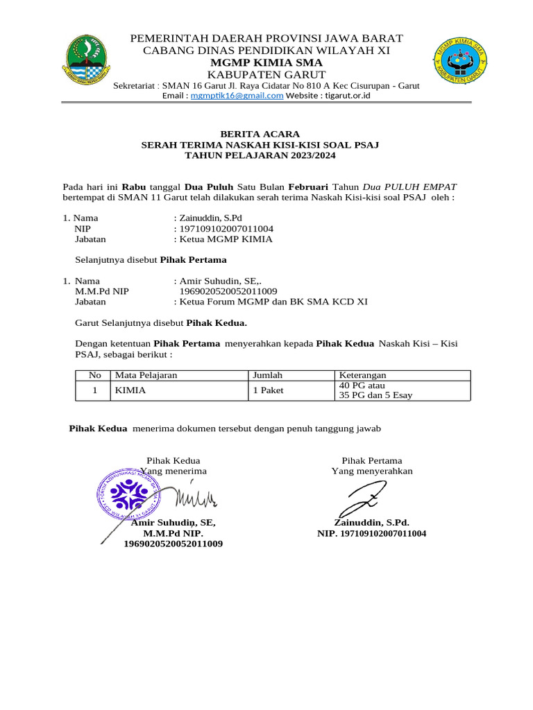 Berita Acara Serah Terima Naskah Kisi-Kisi PSAJ Dari Forum MGMP Dan BK ...