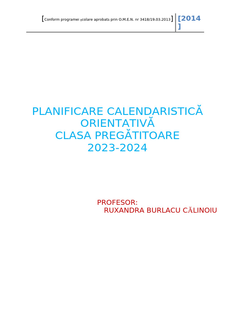 Planificari Clasa Pregatitoare 2024 | PDF