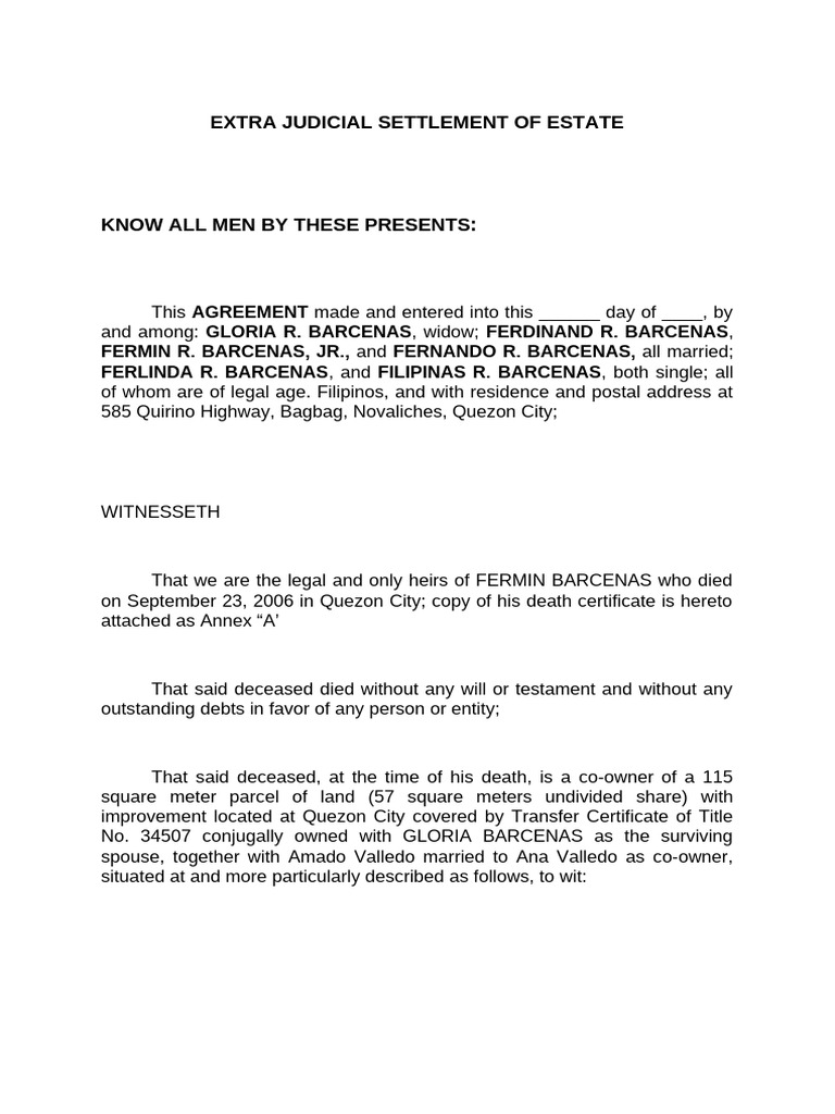 Extra Judicial Settlement of Estate | PDF | Civil Law (Common Law ...
