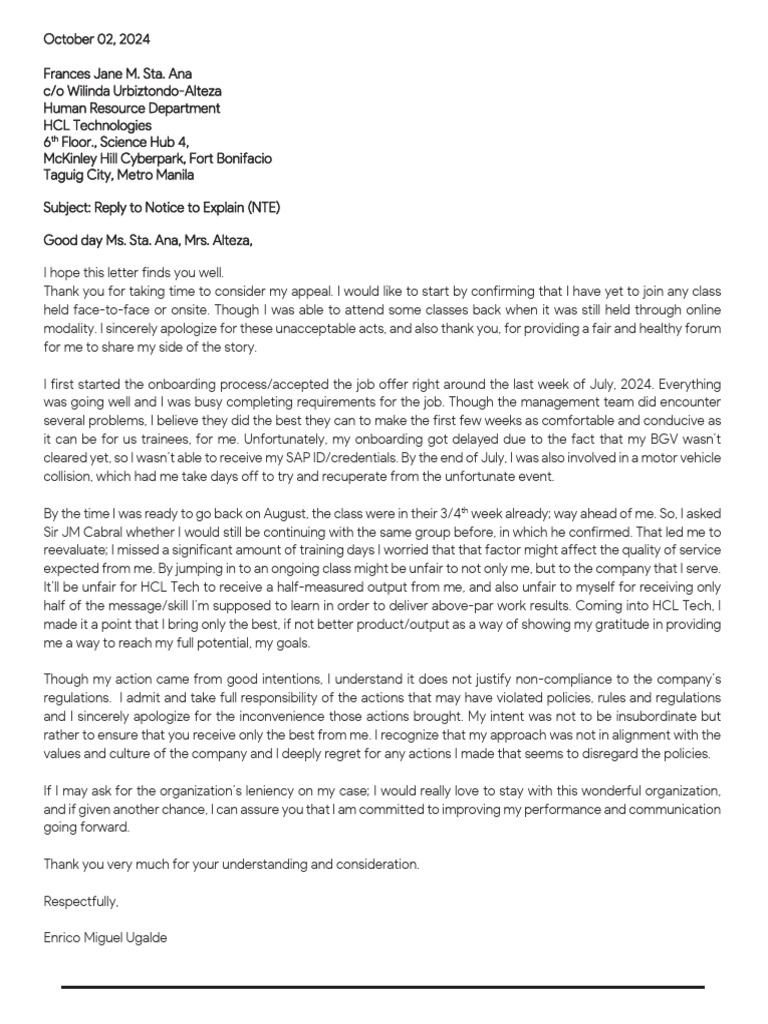 Letter of Explanation | PDF