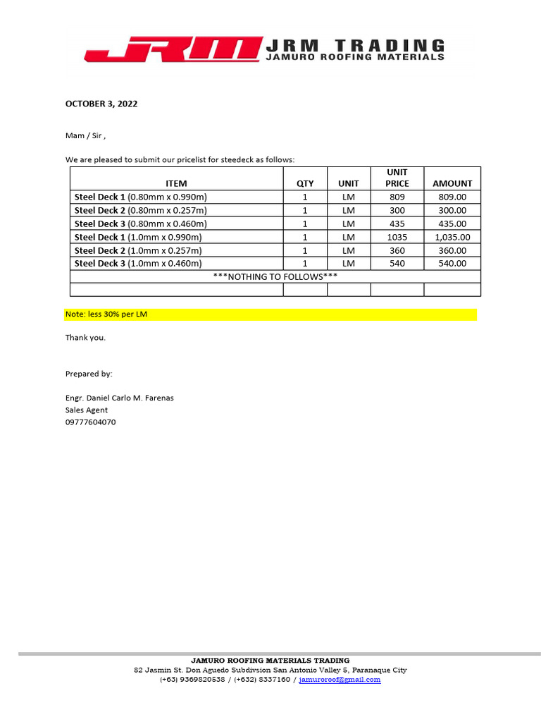 Jrmt-Pricelist Steeldeck | PDF