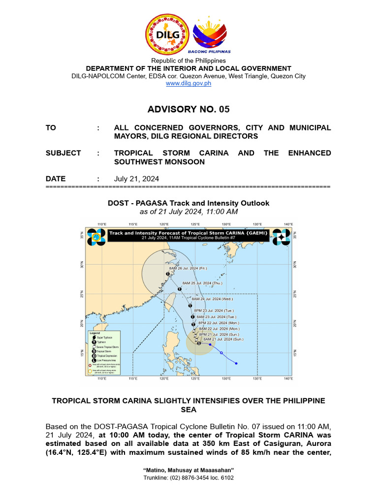 DILG Advisory No. 05 On The TS CARINA and Enhanced SW Monsoon | PDF