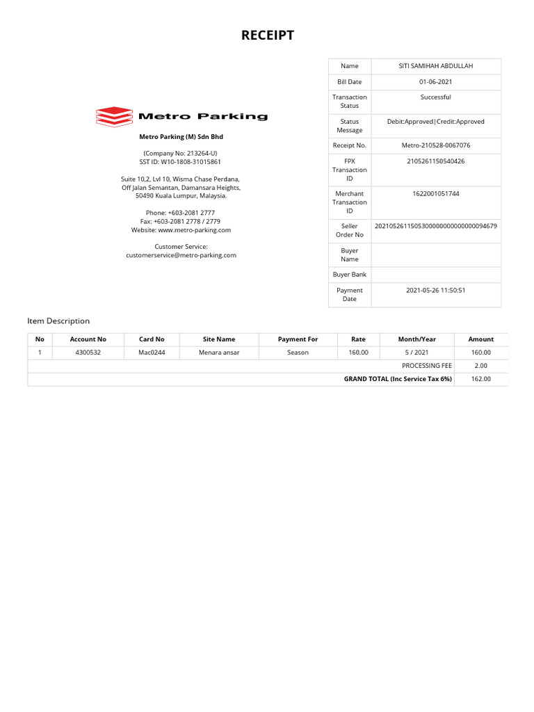 Metro Parking _ Receipt | PDF