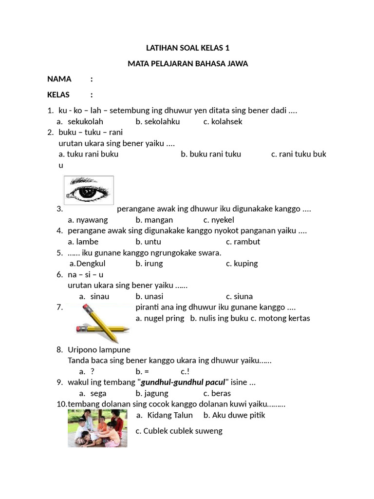 LATIHAN PTS BAHASA JAWA KLS 1 | PDF