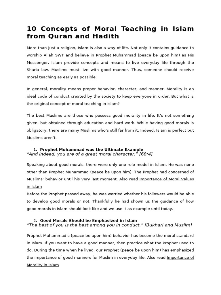 10 Concepts of Moral Teaching in Islam From Quran and Hadith | PDF