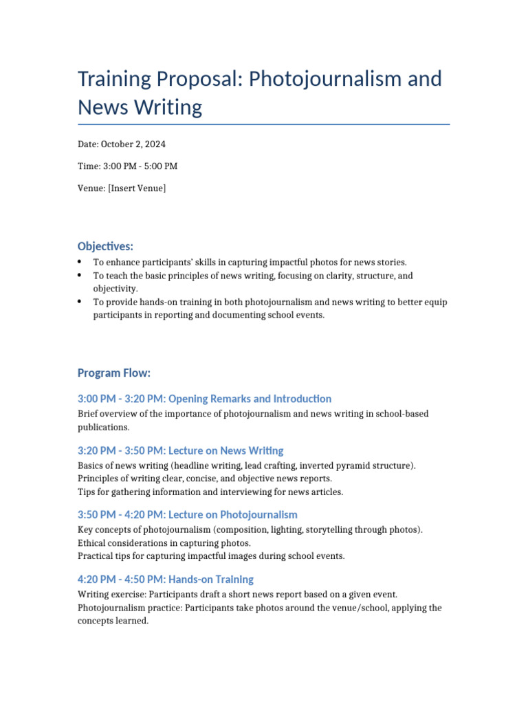 Photojournalism and News Writing Training Proposal | PDF