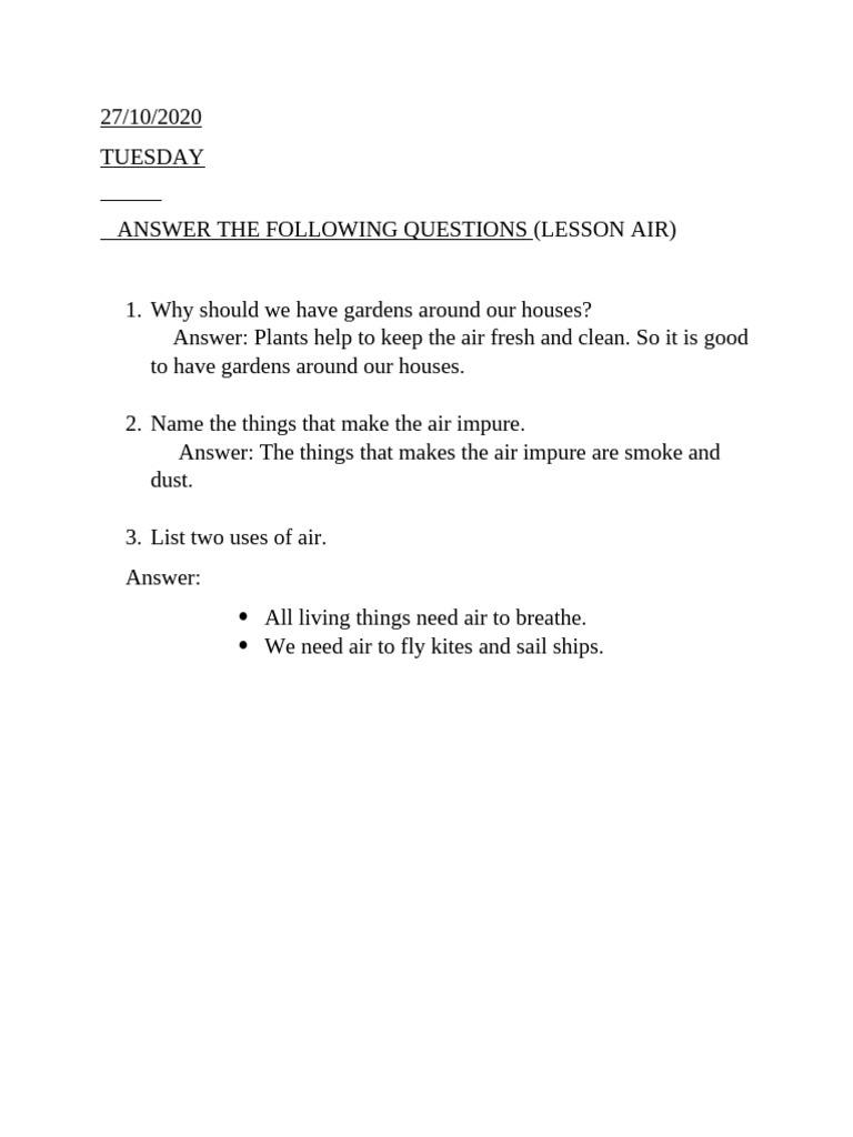 Grade 2 Lesson Air Answer The Following Questions | PDF