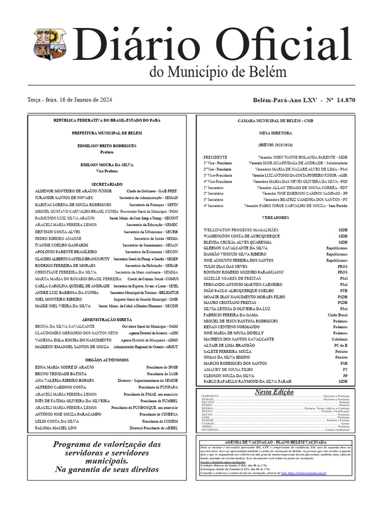 Diário Oficial: Do Município de Belém | PDF