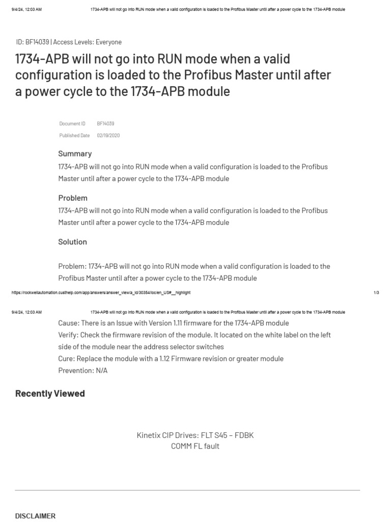 1734-APB Will Not Go Into RUN Mode When A Valid Configuration Is Loaded To The Profibus Master ...