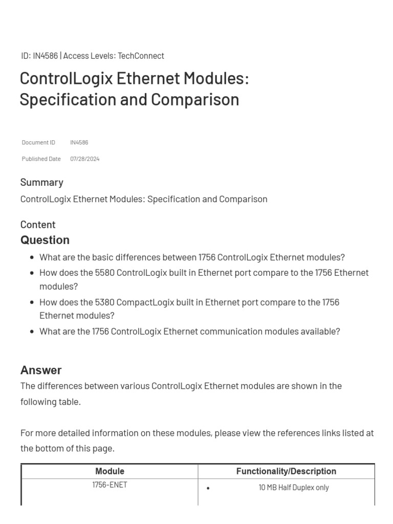 ControlLogix Ethernet Modules - Specification and Comparison | PDF