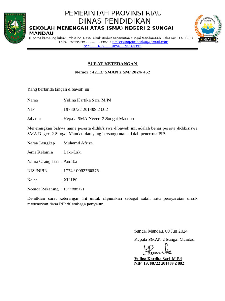 SURAT KETERANGAN PENCAIRAN PIP-1 | PDF