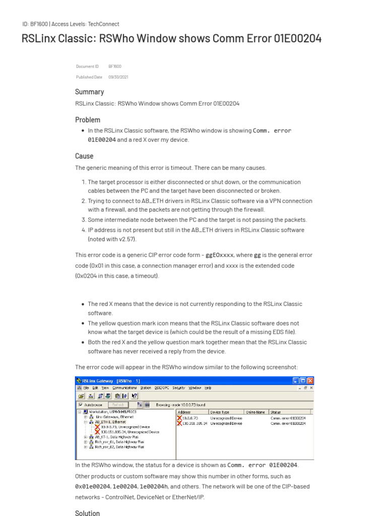 RSLinx Classic - RSWho Window Shows Comm Error 01E00204 | PDF