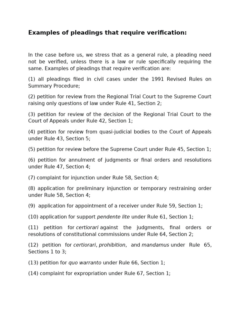 Notes - Examples of Pleadings That Require Verification | PDF