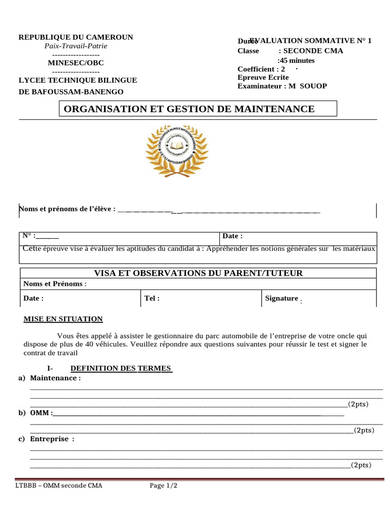 EVALUATION #1 OMM 2nde CMA | PDF