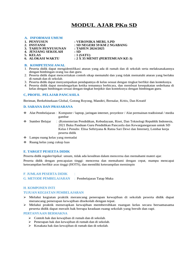 Modul Ajar PPKN Kelas 1 BAB 2 Hak Dan Kewajiban | PDF