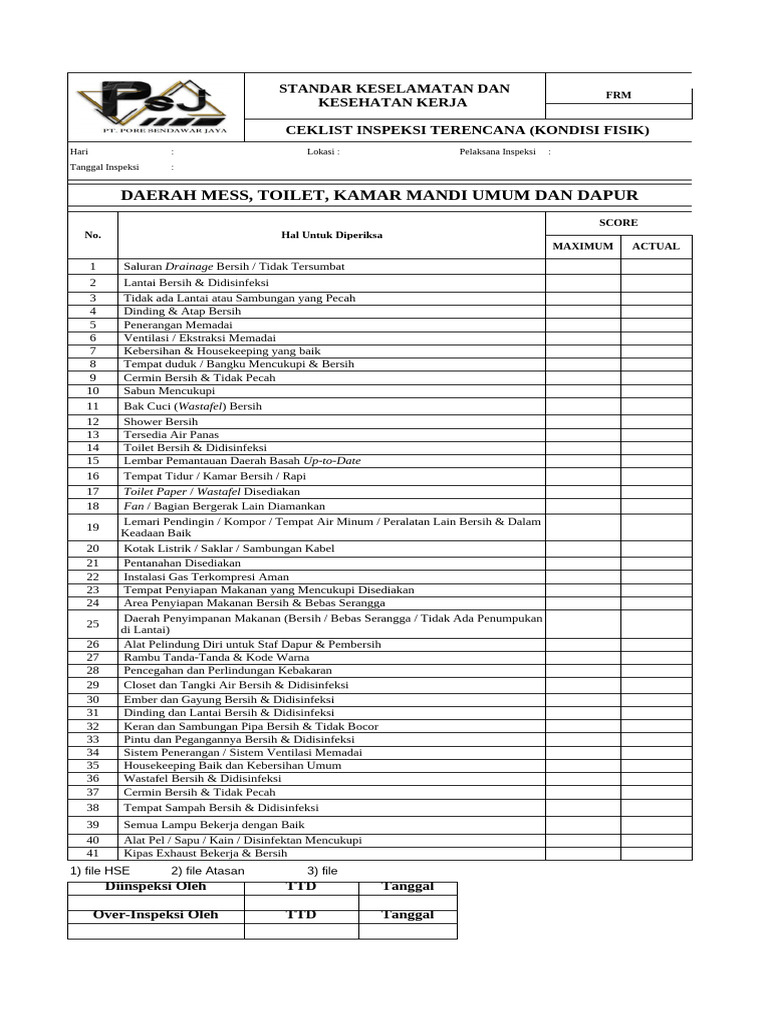 PSJ-SAF-110031-R0 - Form Inspeksi Harian Toilet | PDF