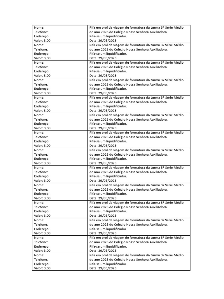 Rifa Do Colegio Nossa Senhora Auxiliadora Turma 2023 | PDF