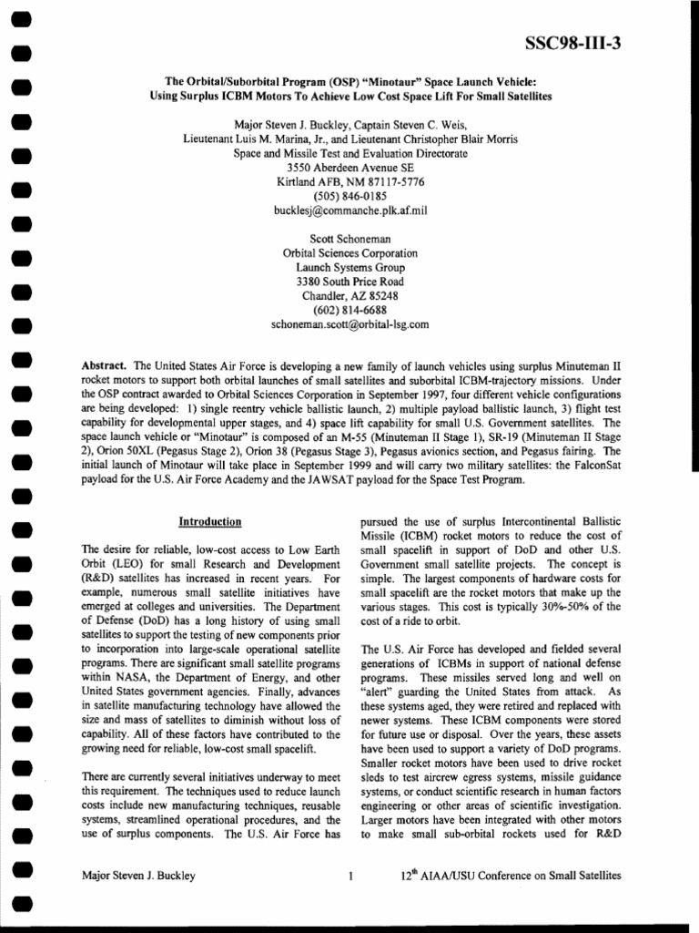 The Orbital - Suborbital Program (OSP) Minotaur Space Launch Vehi | PDF