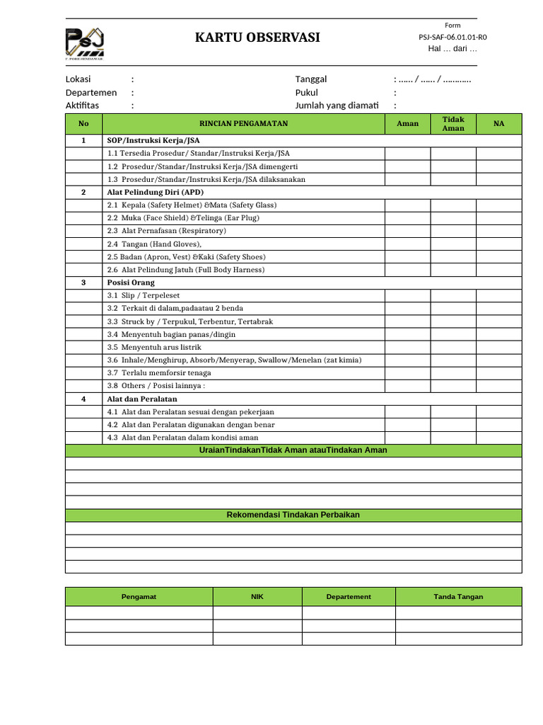 PSJ-SAF-060101-R1 - Form Safe Behavior Observation (Sheap) | PDF