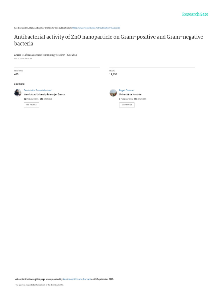 Antibacterial Activity of ZnO Nanoparticle On Gram | PDF