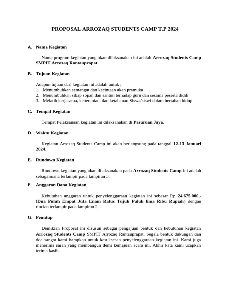 PROPOSAL PERJUSA Dan OUTBOND 2024 | PDF