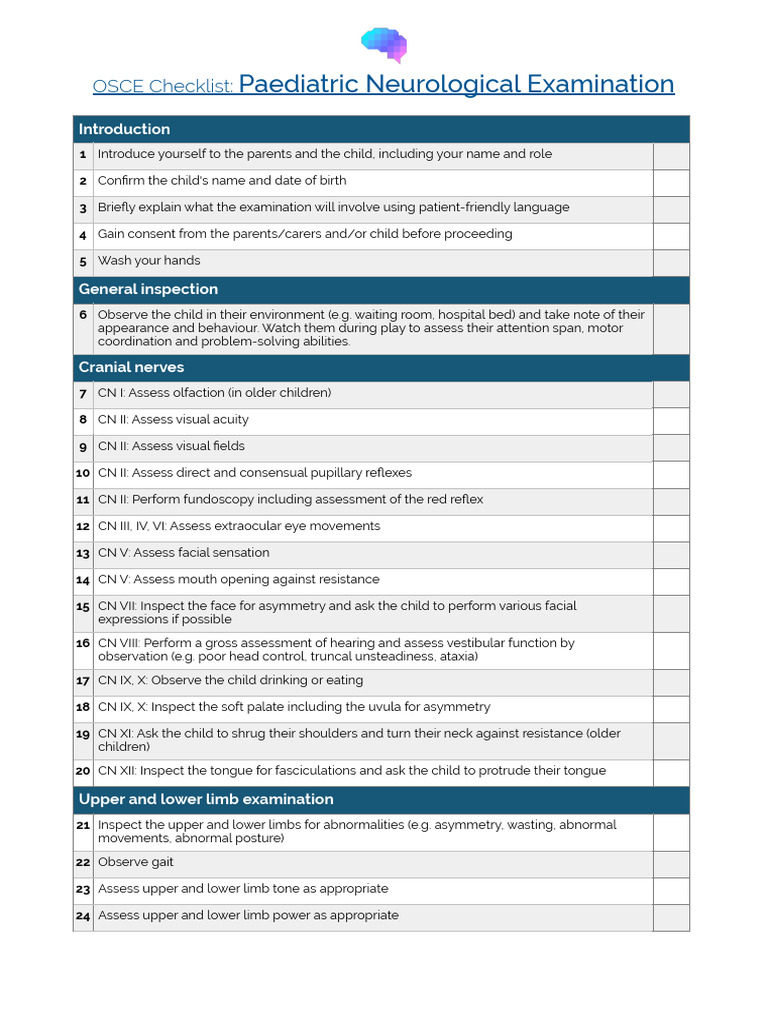 OSCE Checklist Paediatric Neurological Examination | PDF | Neurology ...