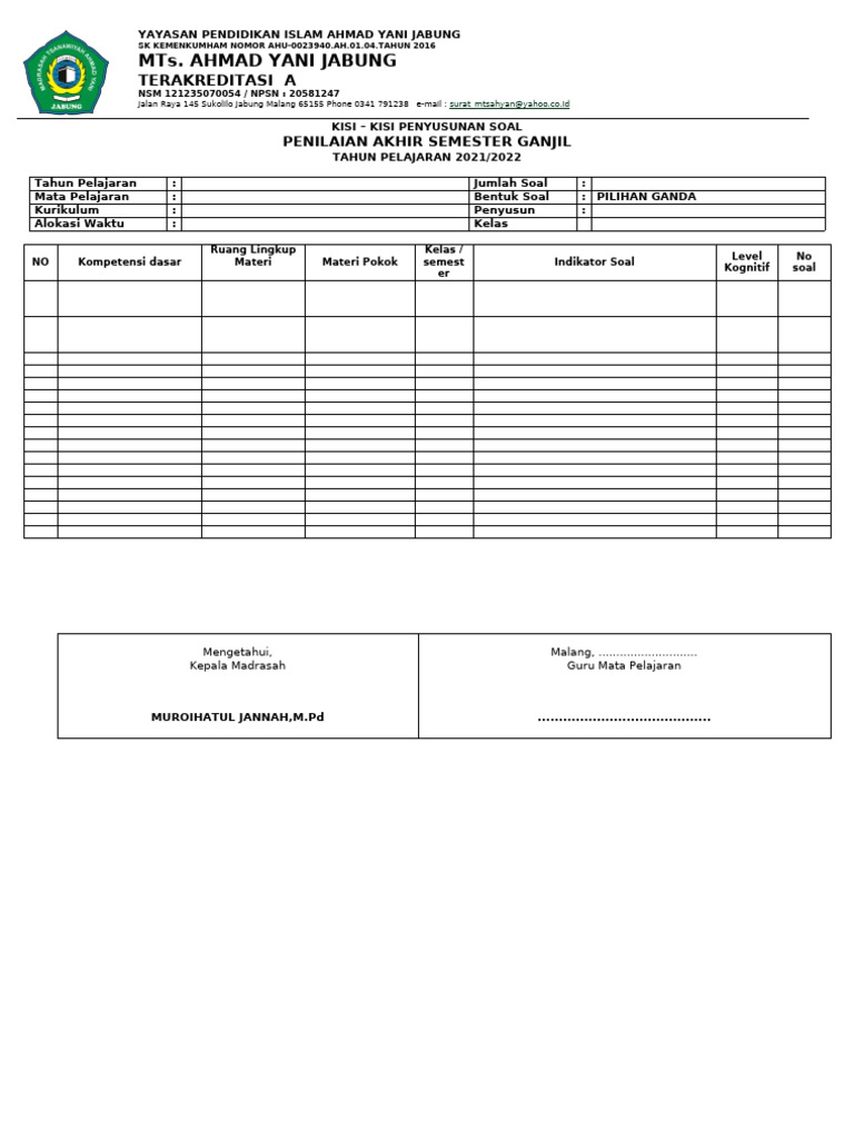 01-Kisi Kisi Penyusunan Soal Pas | PDF
