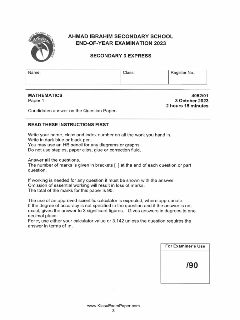 S3EX-Mathematics-Ahmad Ibrahim SS- Paper 1-2023-SA2 | PDF