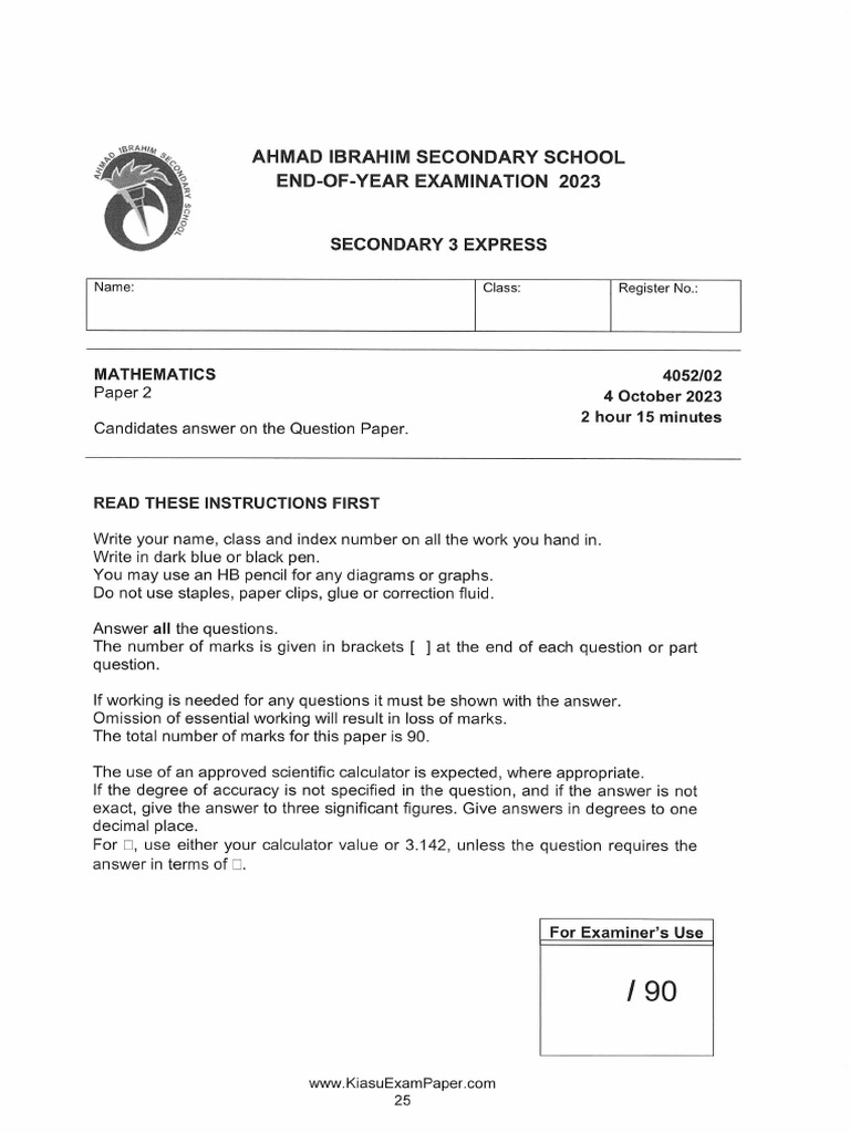 S3EX-Mathematics-Ahmad Ibrahim SS - Paper 2-2023-SA2 | PDF